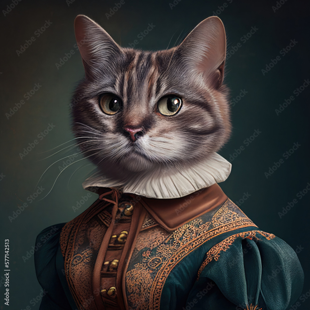 Portrait of cat in human clothing. Creative portrait of animal on ...