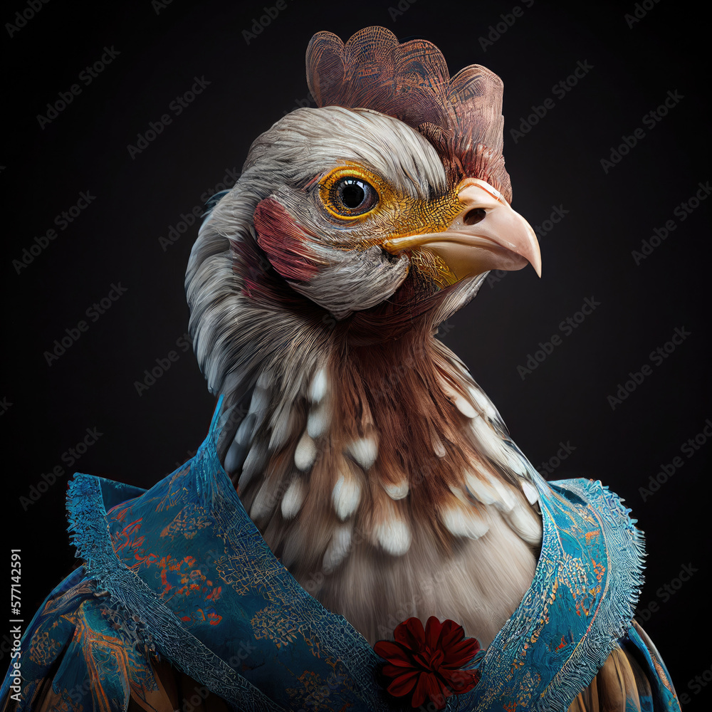 Portrait of chicken in human clothing. Creative portrait of wild animal ...