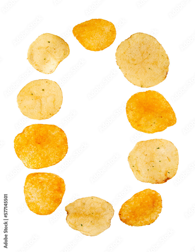 Number 0 made of potato chips and isolated on transparent png ...