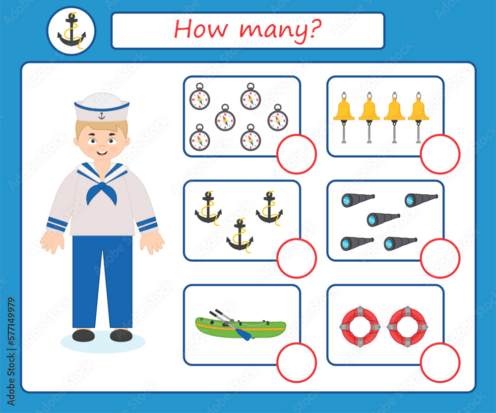 Game for preschool children. Count the items. Sailor. Vector ...