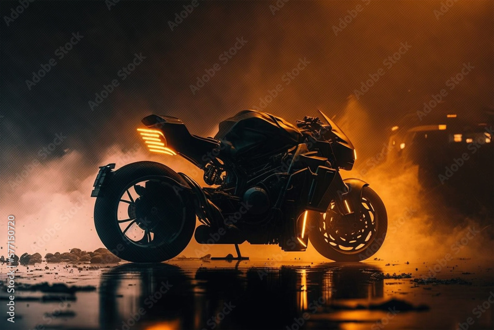 Futuristic motorcycle bike design concept in dark night with fog and ...