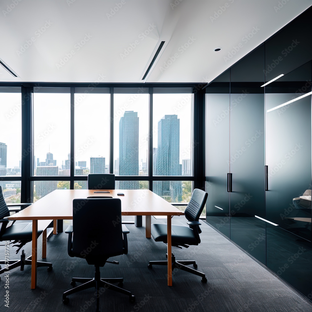 modern, futuristic office room with windows, workspace, cubicle ...