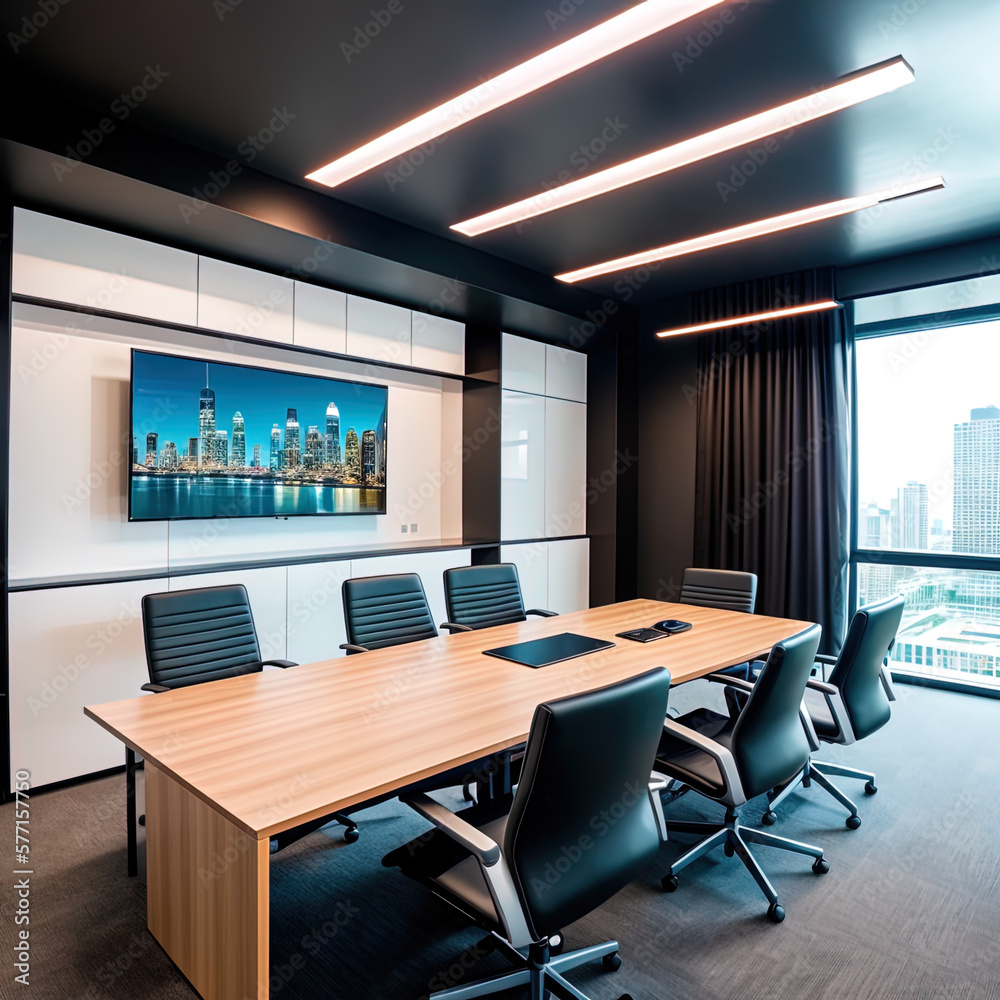 modern, futuristic office room with windows, workspace, cubicle ...