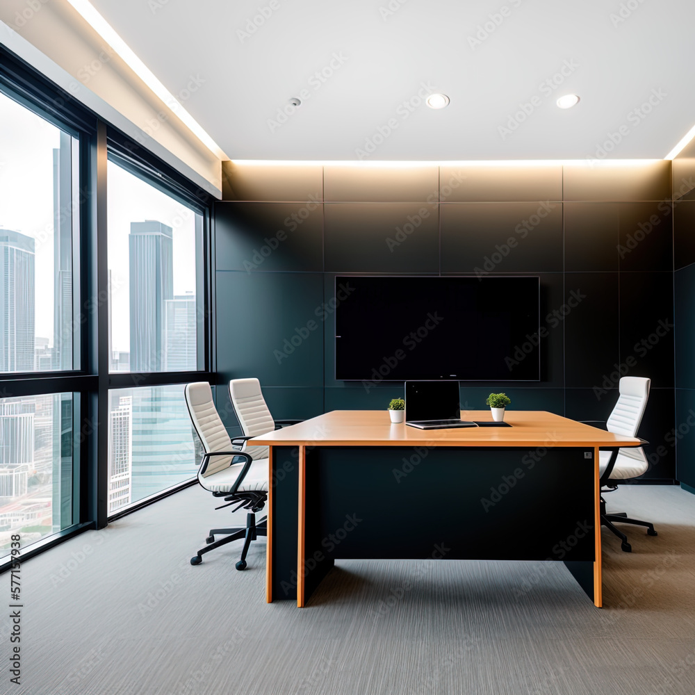 modern, futuristic office room with windows, workspace, cubicle ...