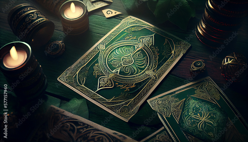 Green tarot cards with different mystical objects on white wood ...