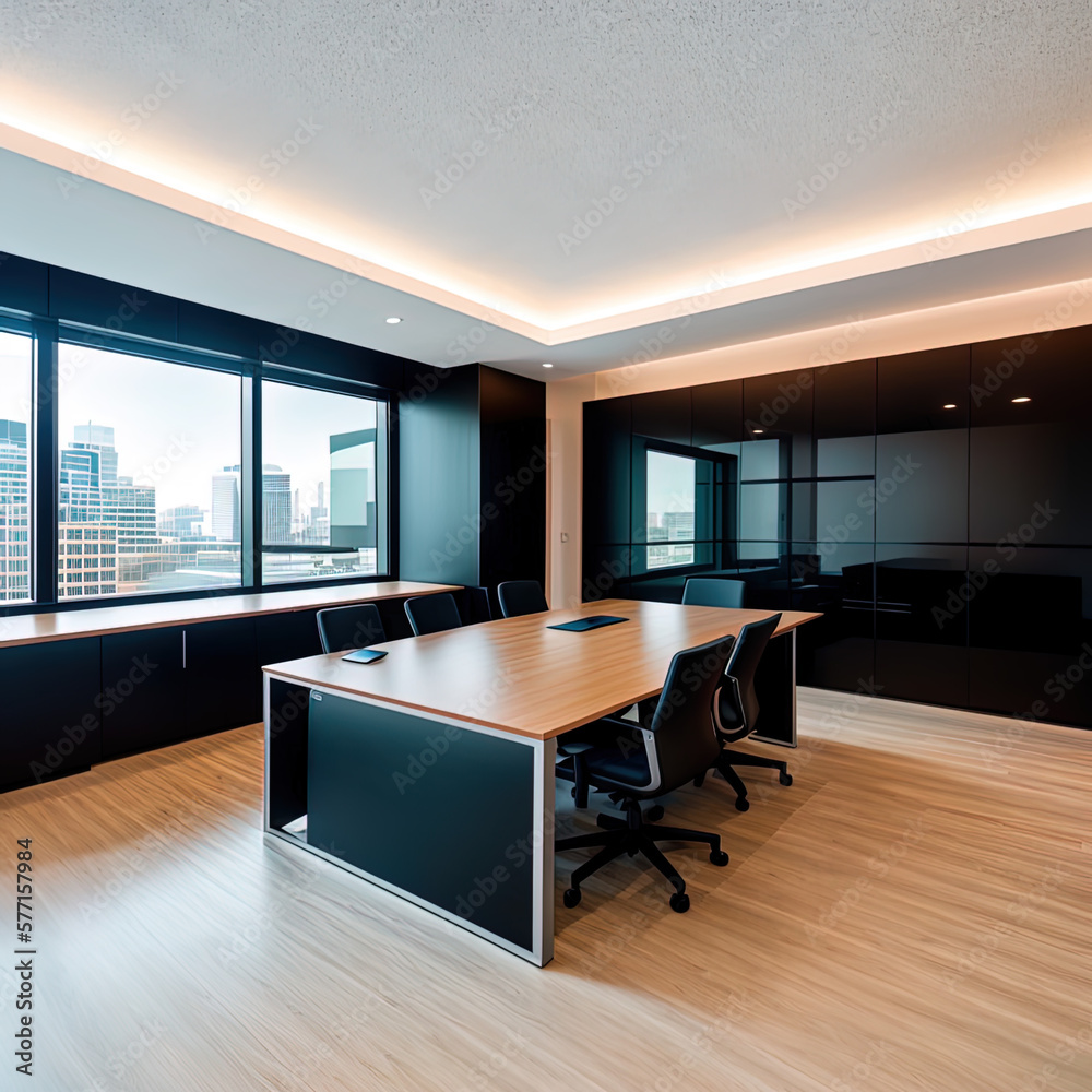 modern, futuristic office room with windows, workspace, cubicle ...