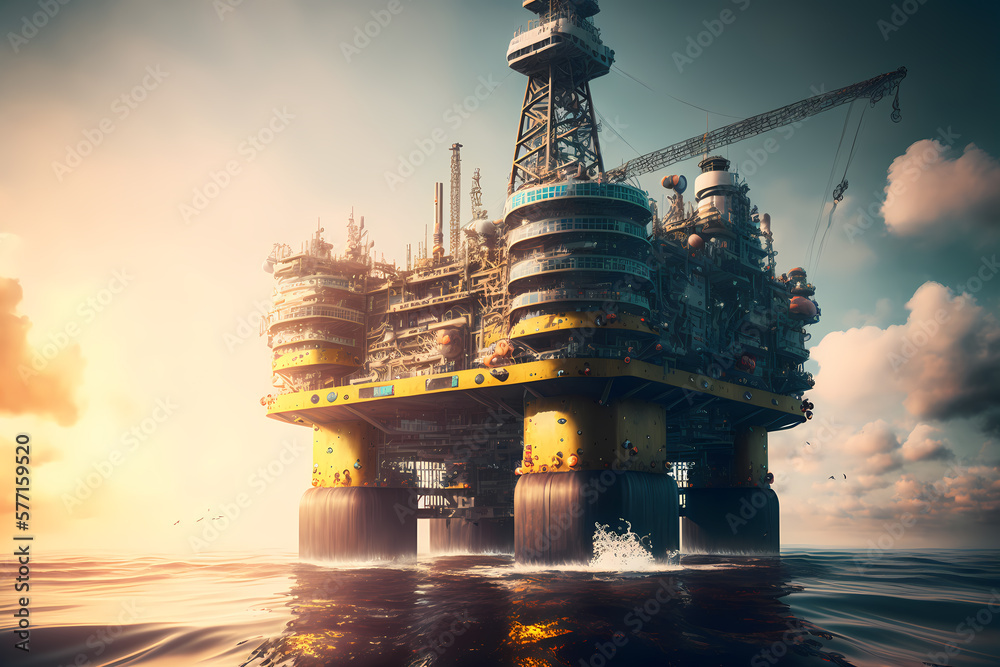Offshore petroleum platform oil rig and gas at sea water, sunset light ...