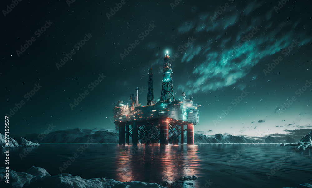 Banner Offshore petroleum platform oil rig and gas at cold frozen sea ...