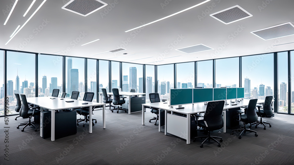 modern, futuristic office room with windows, workspace, cubicle ...