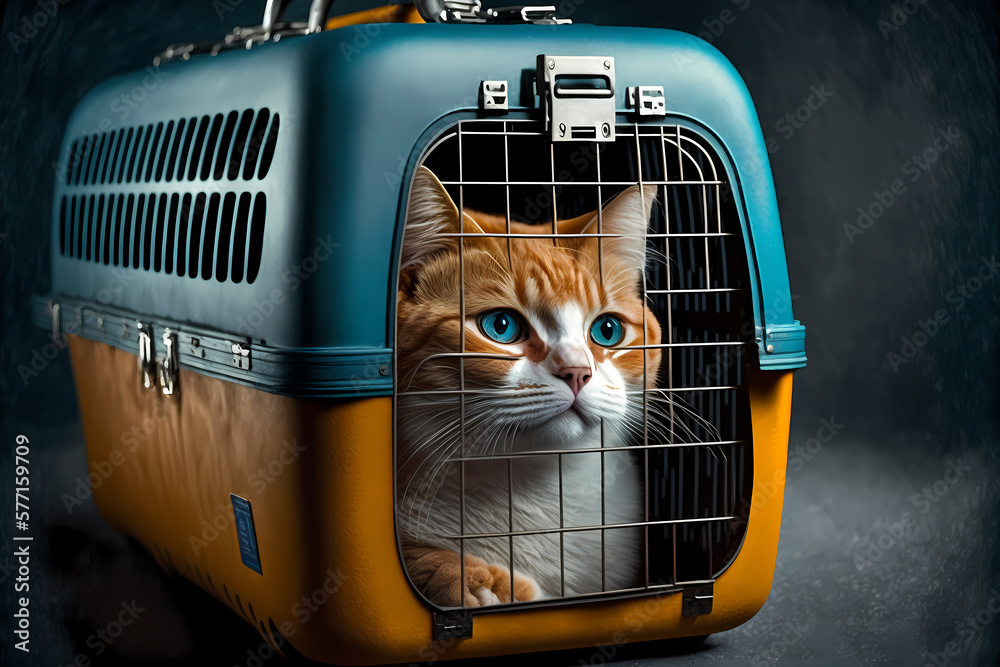 Cat in carrier cage transportation for airport and train transport ...