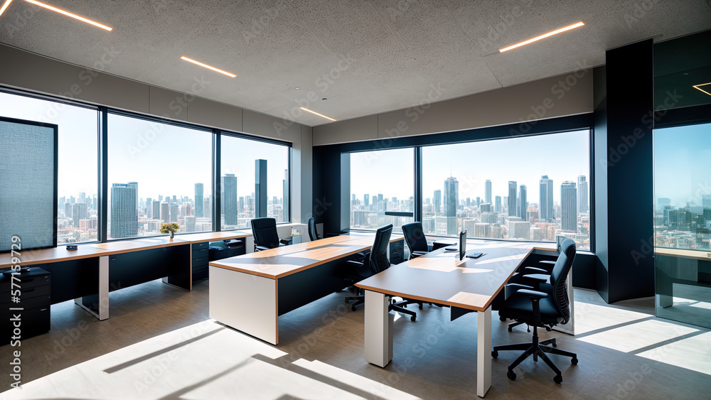 modern, futuristic office room with windows, workspace, cubicle ...