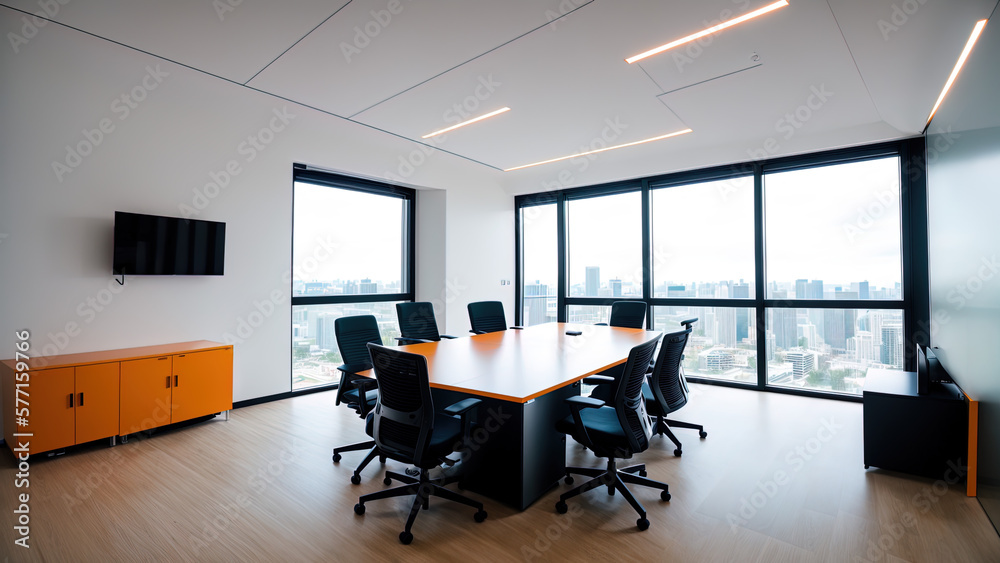modern, futuristic office room with windows, workspace, cubicle ...