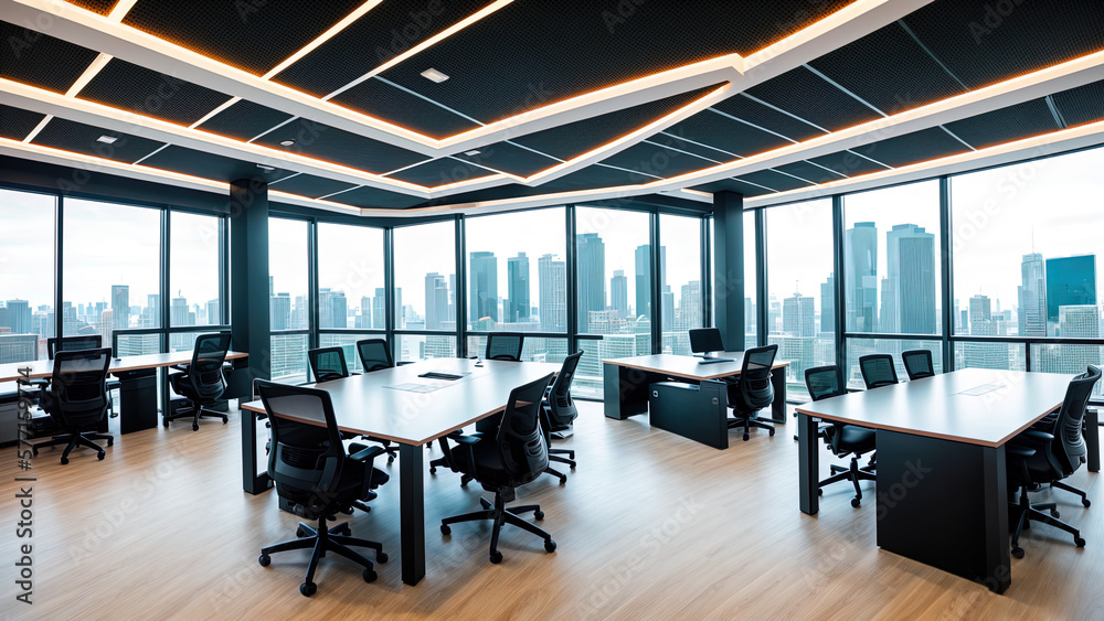 modern, futuristic office room with windows, workspace, cubicle ...