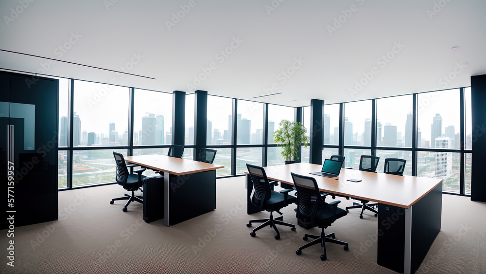 modern, futuristic office room with windows, workspace, cubicle ...
