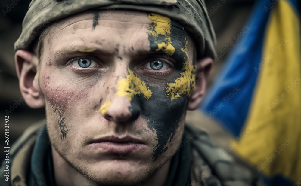 Portrait of a Ukrainian Soldier, wearing the national colors of Ukraine ...