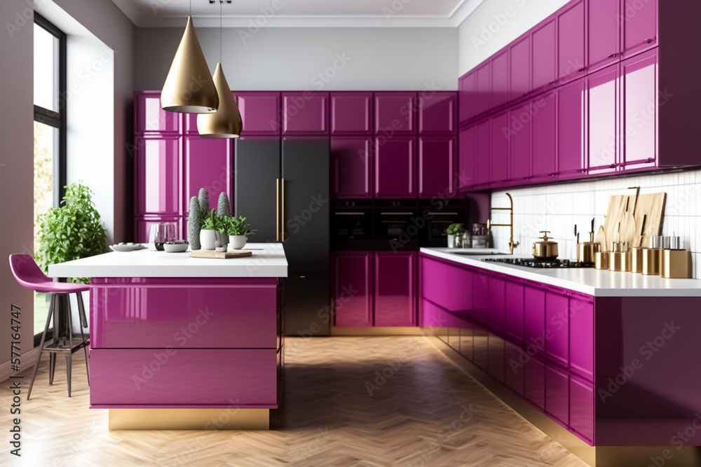 Amazing Kitchen Interior in viva magenta color, with wooden floor and ...