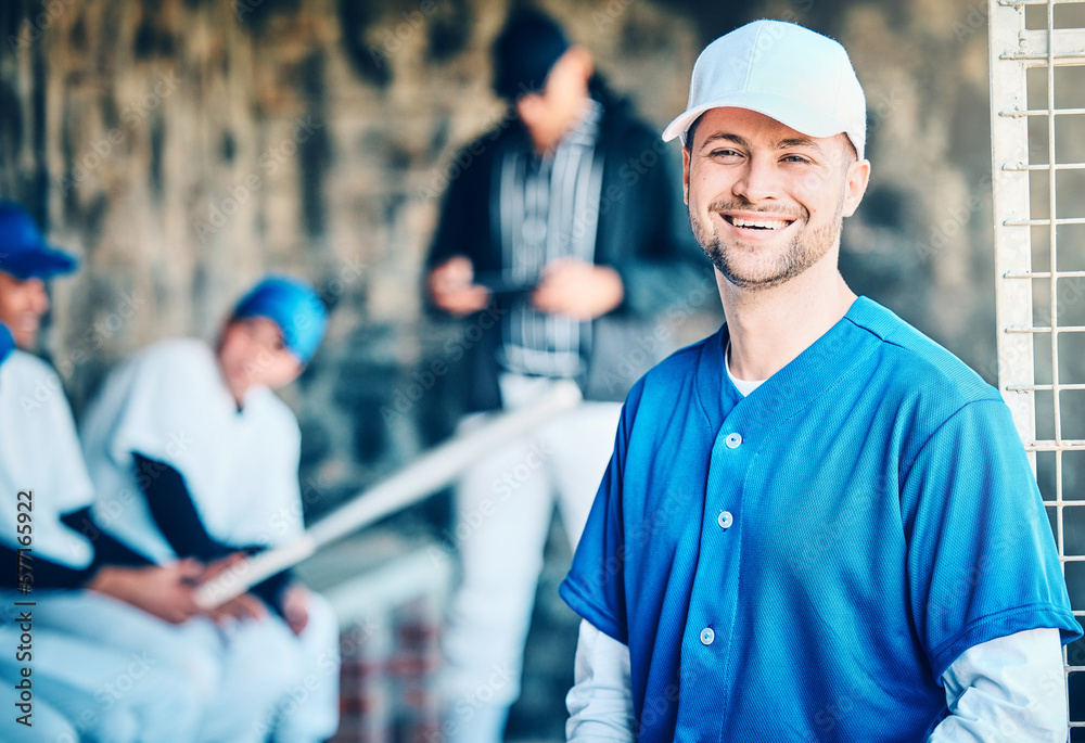 Baseball player, portrait and field stadium dugout with softball team ...