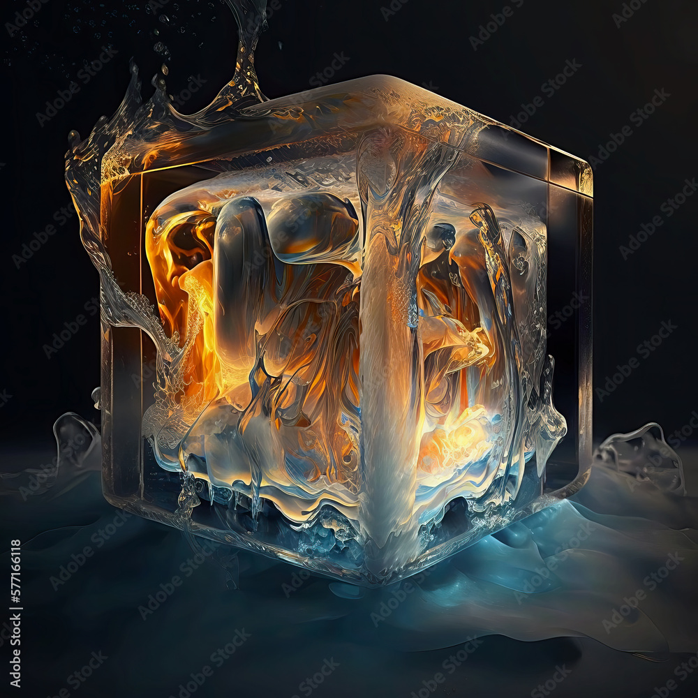 Conceptual image of an ice cube with fire or flames inside. abstract ...