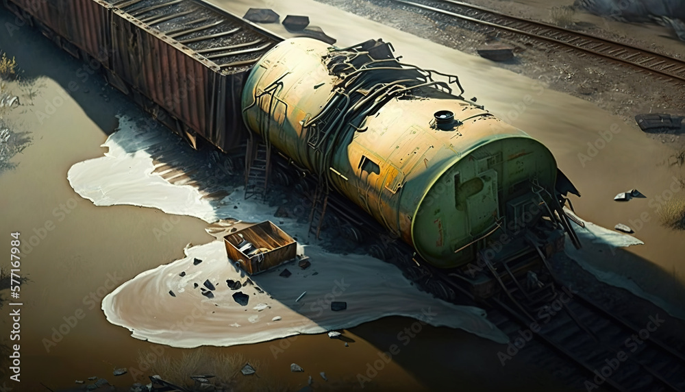Toxic leak from freight train accident, wreck of railroad cars and ...
