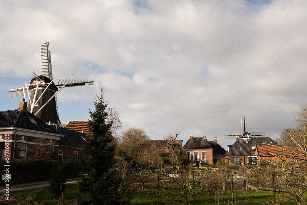 Winsum skyine with two windmills from Holland. De Vriendschap and De ...