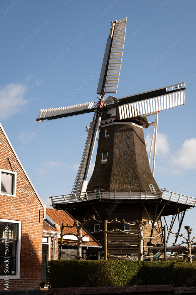 typical Dutch grain mill windmill in Winsum Holland. De Vriendschap is ...
