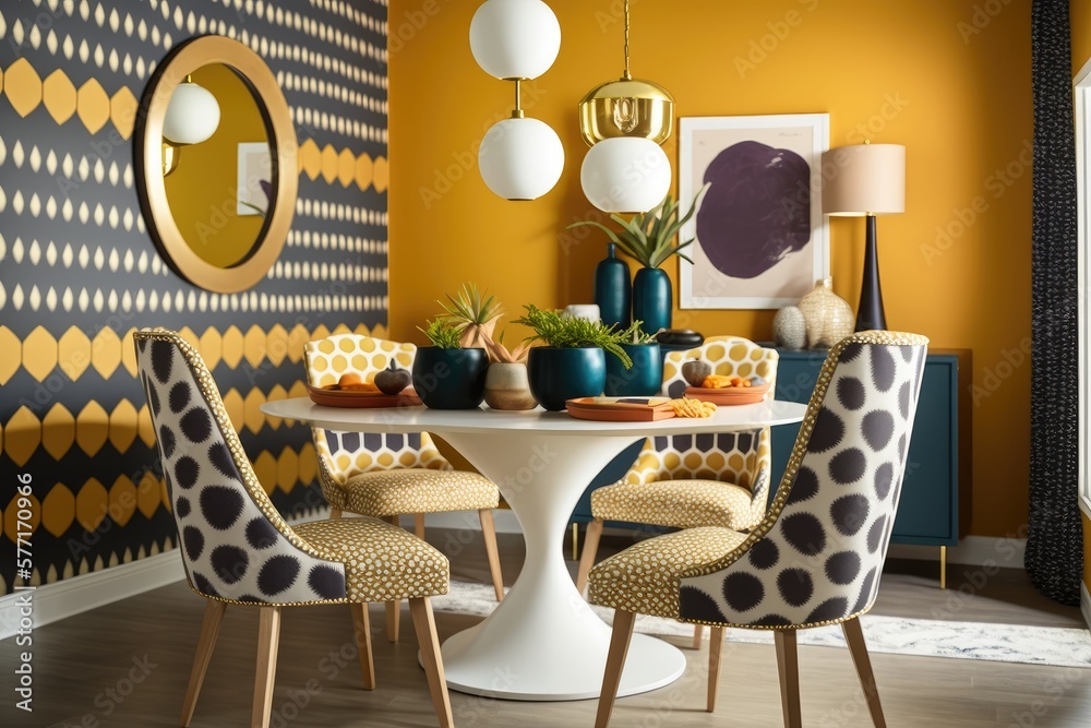 A playful and eclectic dining room design in Saffron featuring a mix of ...