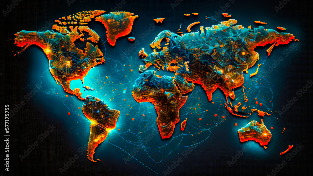 World map with glowing lights on it. Generative AI. Stock Illustration ...