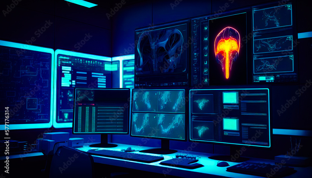 Computer desk topped with three monitors and keyboard. Generative AI. Stock 일러스트레이션 | Adobe Stock