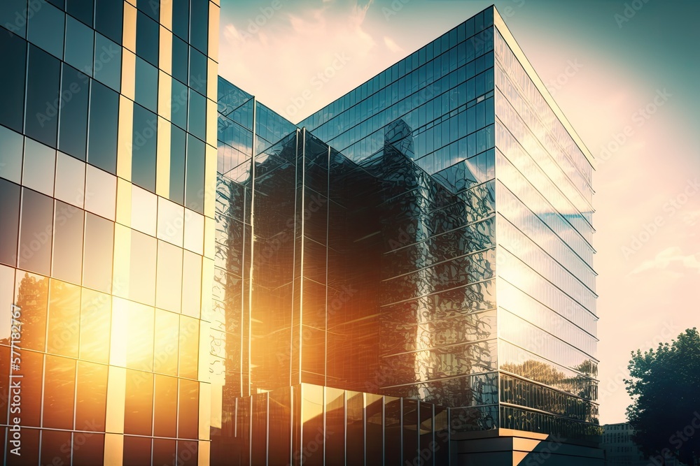Contemporary high rise office building with a glass facade in morning ...