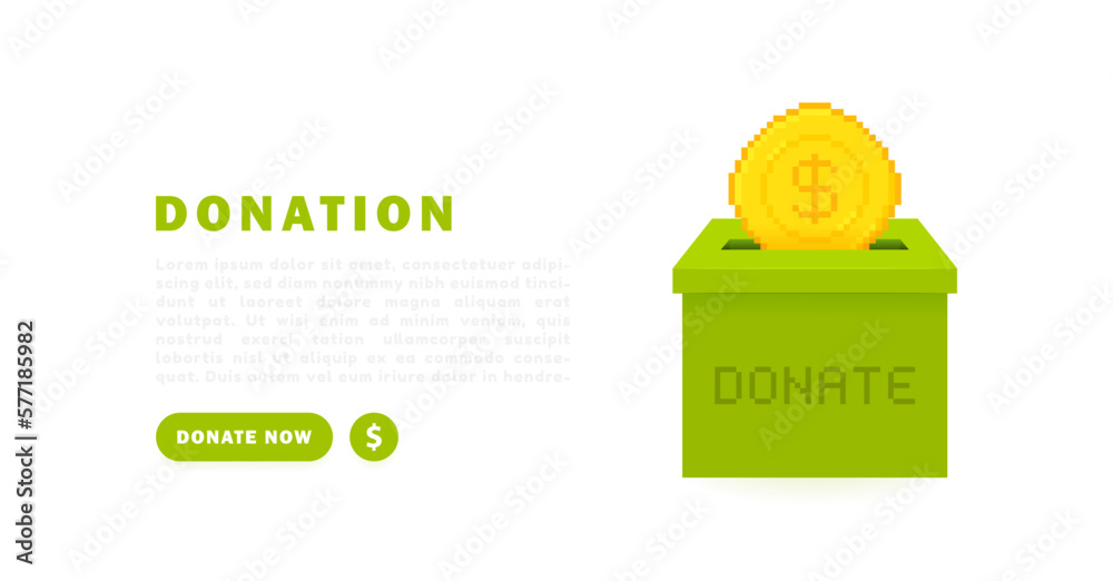 Donation and charity web banner design concept. 8 bit pixel coin in ...