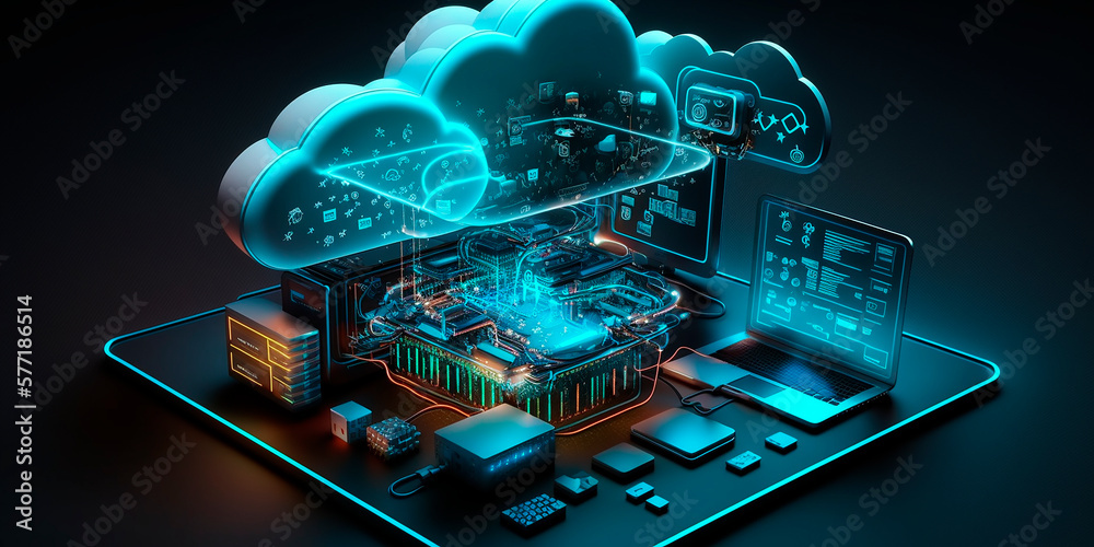 Cloud storage communication with computer. Hosting and data processing. Virtual development ...