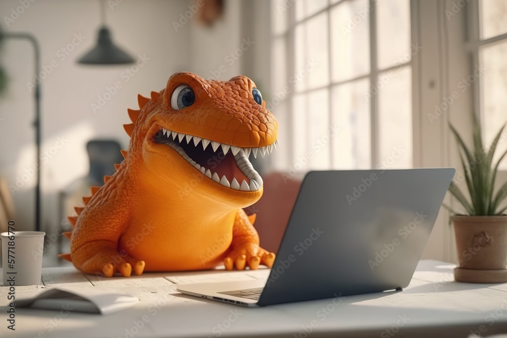 Cute baby dragon working on a laptop, cartoon drawing, illustration ...