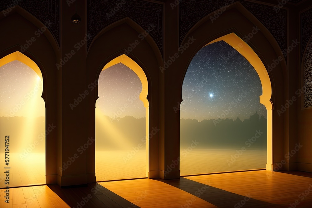 Islamic background painting. Mosque and shadows. Light rays from mosque ...