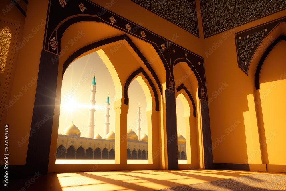 Islamic background painting. Mosque and shadows. Light rays from mosque ...