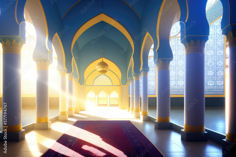 Islamic background painting. Mosque and shadows. Light rays from mosque ...