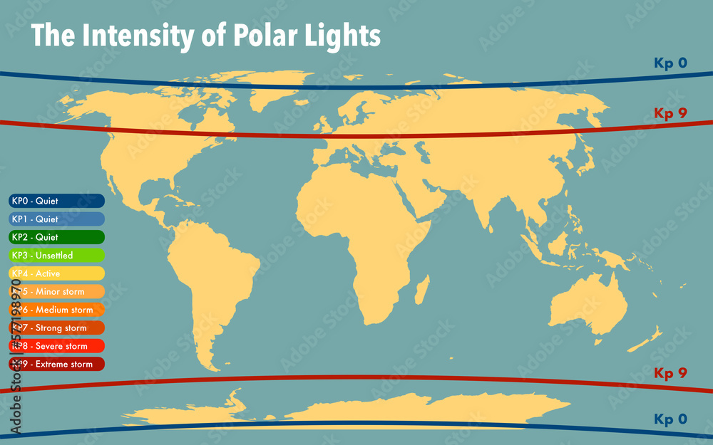 World map of intensity and visibility of Northern Lights Stock ...