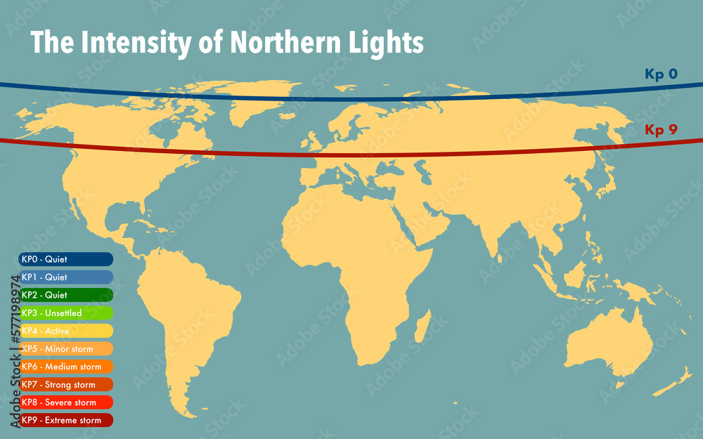 World map of intensity and visibility of Northern Lights Stock ...