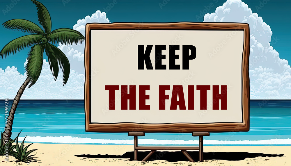 Keep the faith text on billboard on the beach with sea, coconut tree ...