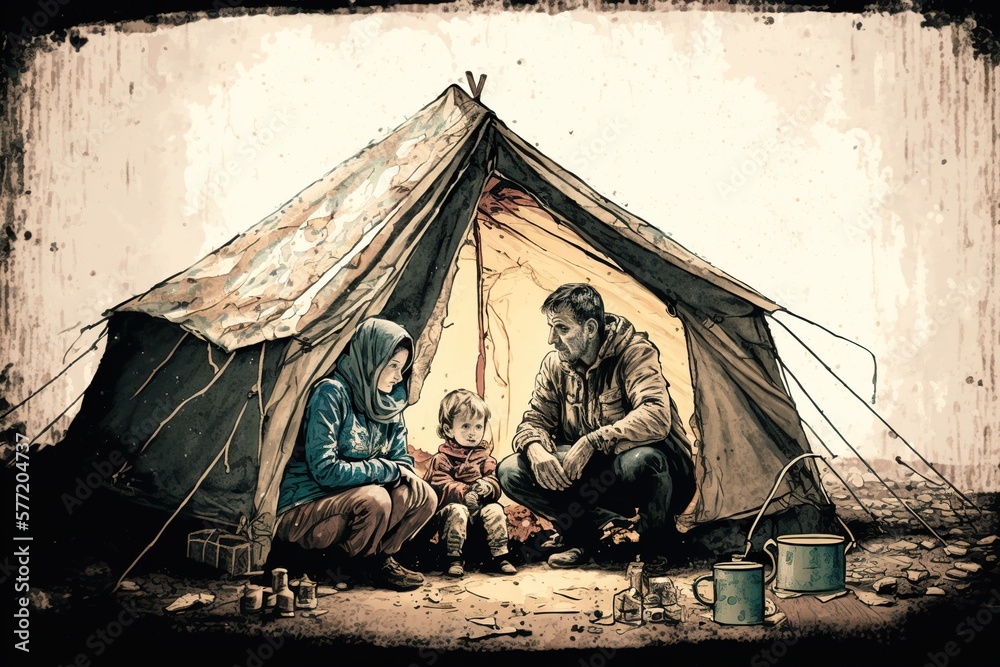 ภาพประกอบสต็อก Family living in tent in refugee camp, concept of ...