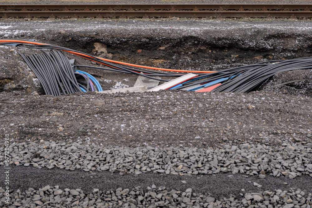 underground cable connecting infrastructure installation. Construction ...