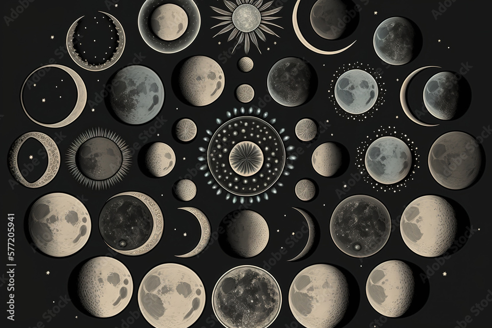 lunar phases drawings of all moon phases in various aesthetics ...