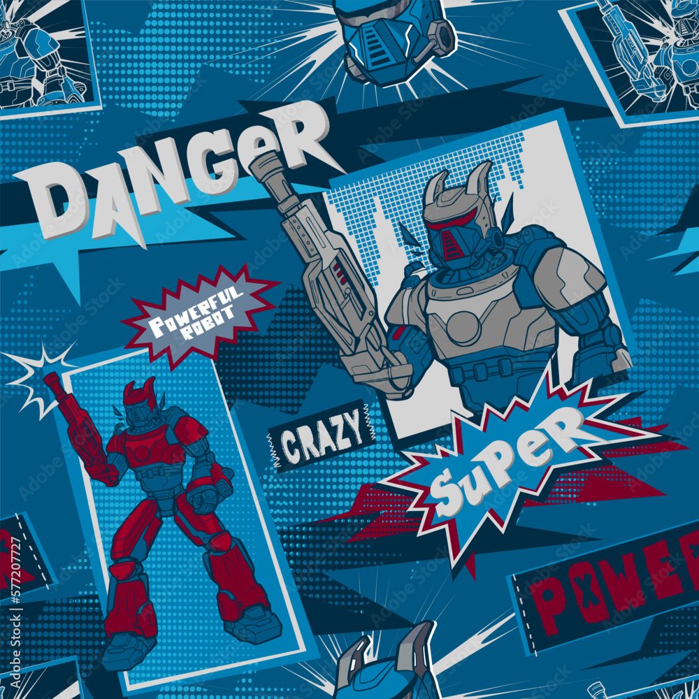Abstract seamless robot pattern on blue grunge background with text ...