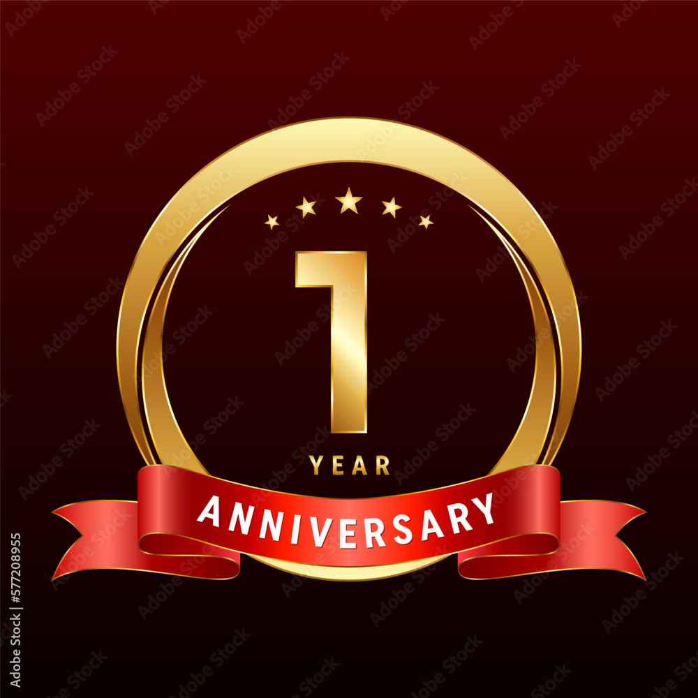 1st Anniversary logo design with golden ring and red ribbon. Logo ...