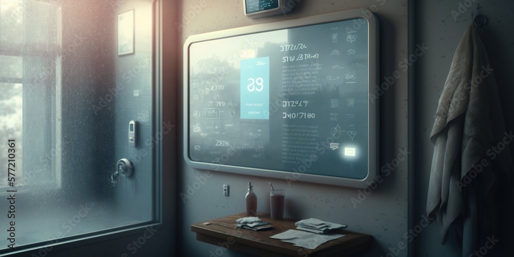Bathroom with smart mirror displaying information about weather ...