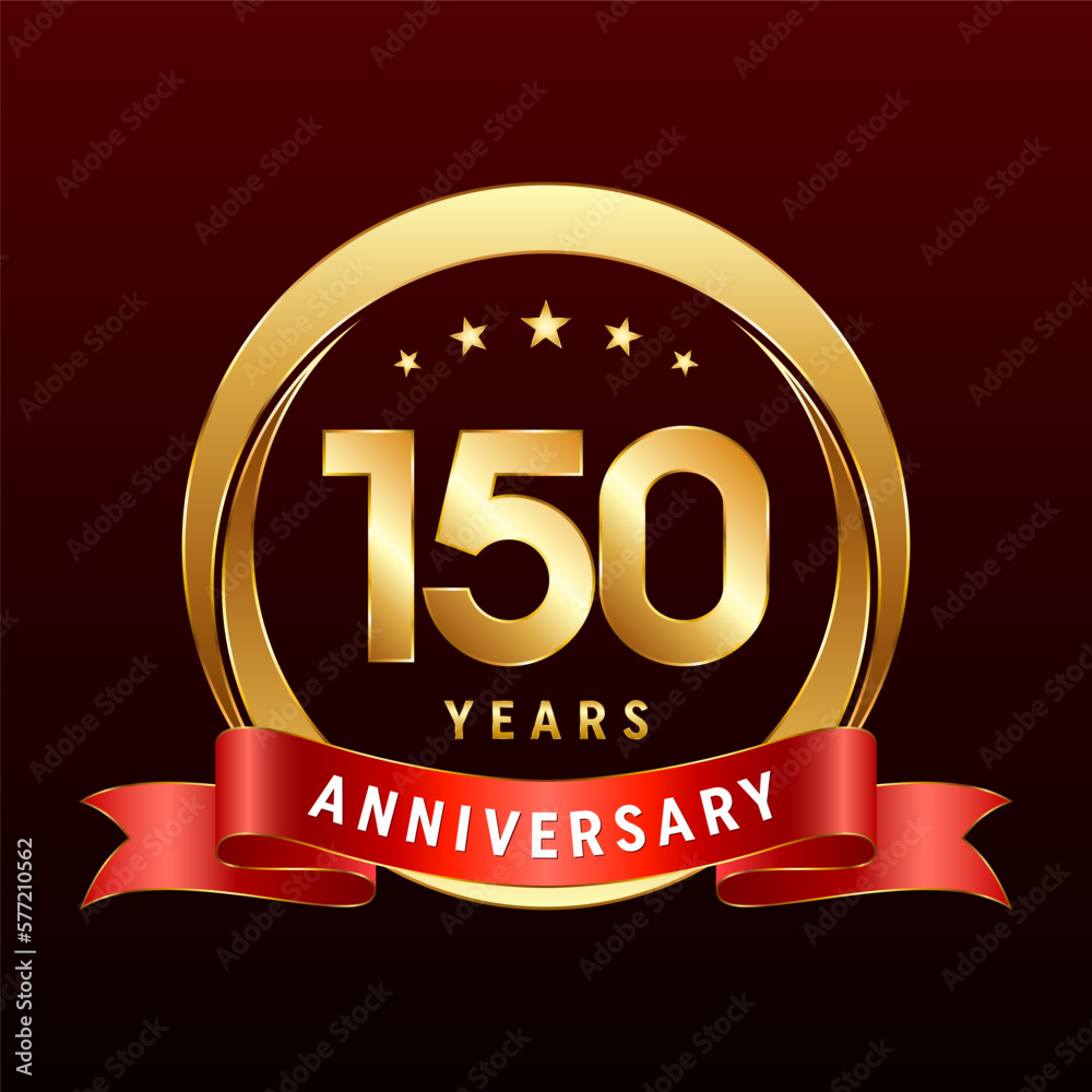150th Anniversary logo design with golden ring and red ribbon. Logo ...