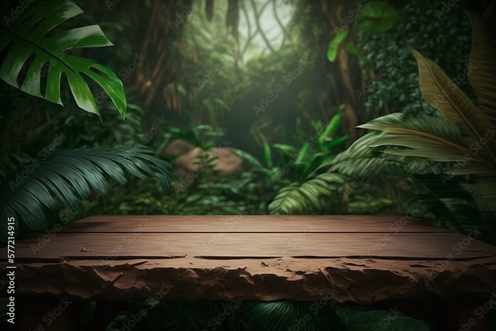 Jungle wooden podium background created with generative Ai technologies ...