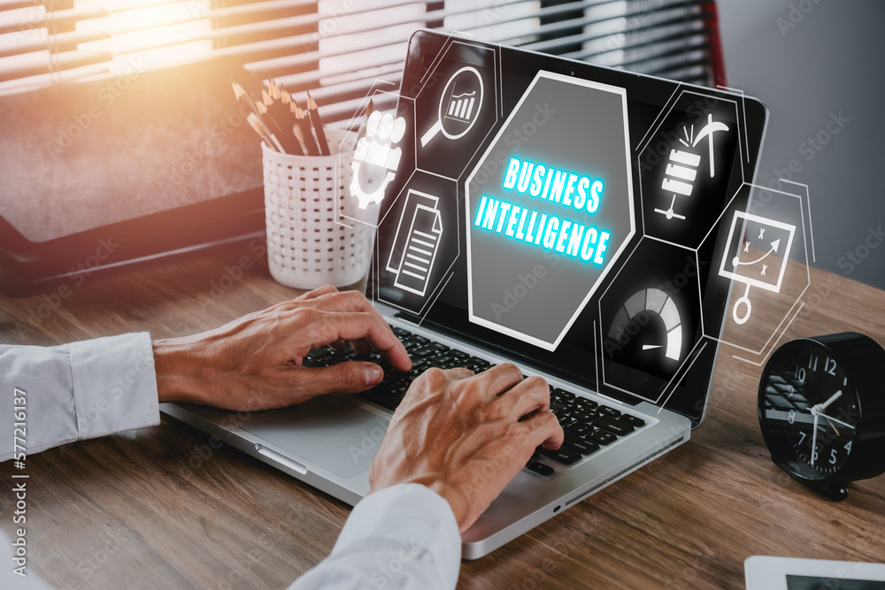 Business intelligence concept, Businees person working on laptop ...