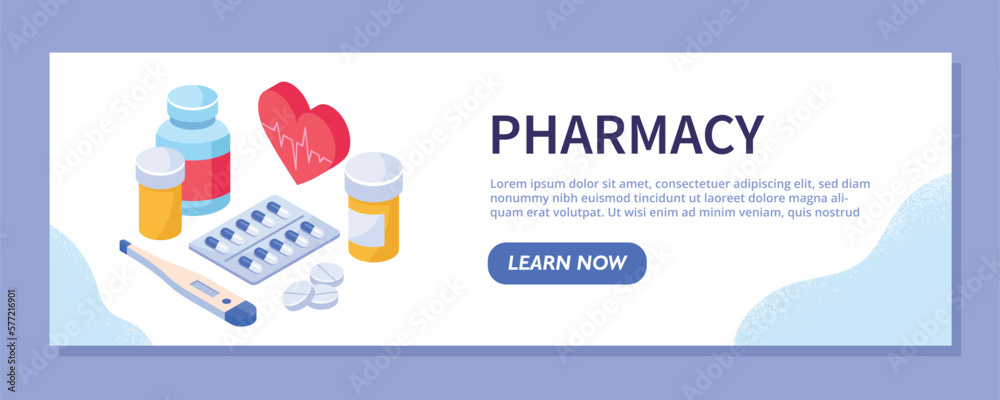 Pharmacy banner concept. Tablets and pills, drugs for treatment of ...
