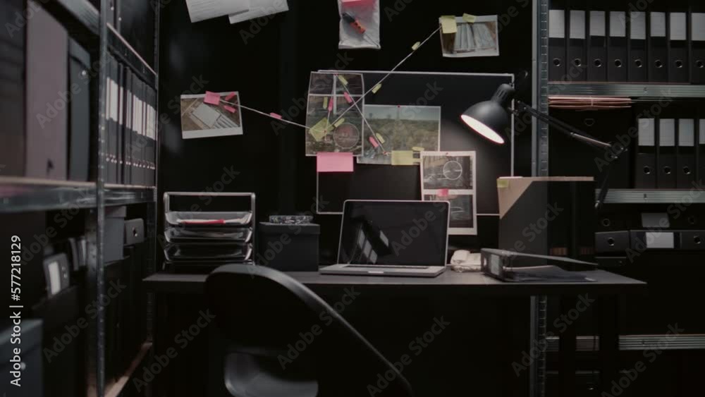 Stockvideon Empty incident room equipped with evidence board and clues ...