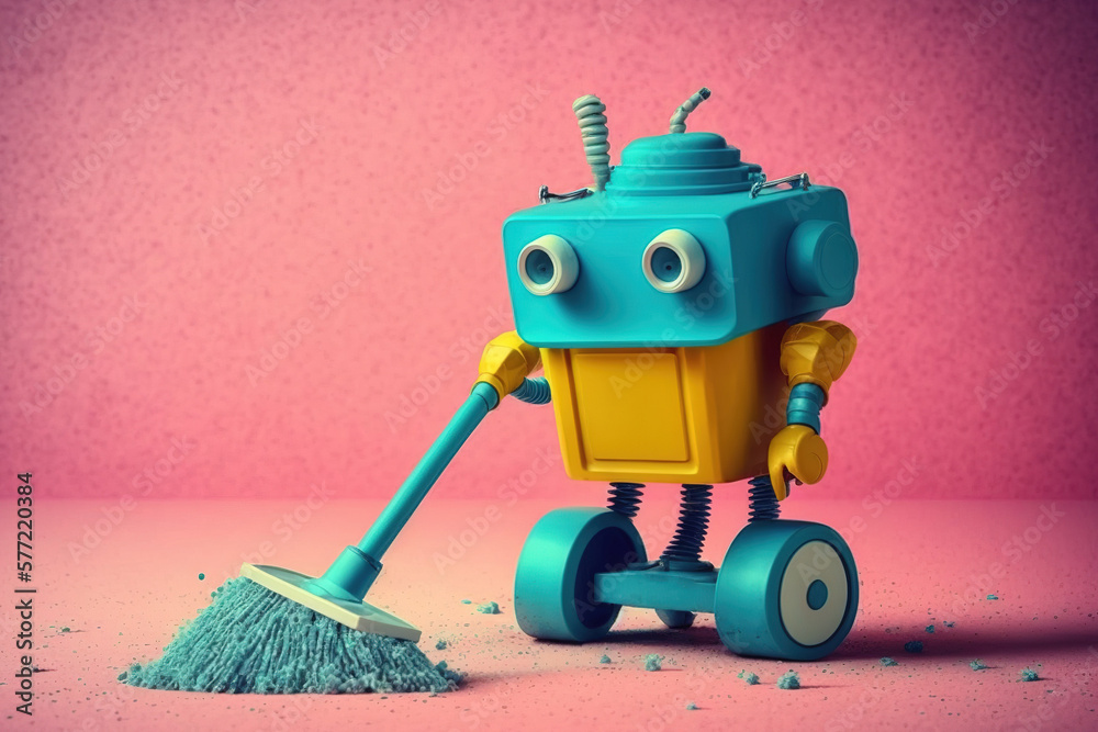 Domestic robot janitor cleaning service. cyborg toy mopping with vacuum ...